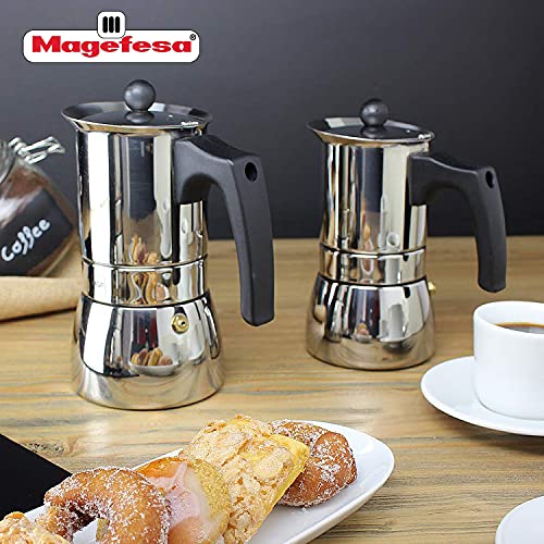 MAGEFESA ® Genova Stovetop Espresso Coffee Maker, 6 cups / 10 oz, made of 18/10 Stainless Steel, make your own ome Italian coffee, cuban coffee, with this moka pot, safe and easy to use, café