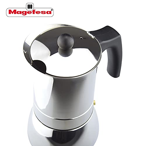 MAGEFESA ® Genova Stovetop Espresso Coffee Maker, 6 cups / 10 oz, made of 18/10 Stainless Steel, make your own ome Italian coffee, cuban coffee, with this moka pot, safe and easy to use, café