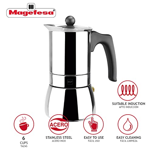 MAGEFESA ® Genova Stovetop Espresso Coffee Maker, 6 cups / 10 oz, made of 18/10 Stainless Steel, make your own ome Italian coffee, cuban coffee, with this moka pot, safe and easy to use, café