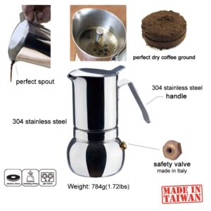 DÉBUT Stainless Steel Italian Espresso Coffee Maker Stovetop Moka Pot Greca Coffee Maker Latte Cappuccino Percolator, 4 Espresso Cup - 6.7 Oz