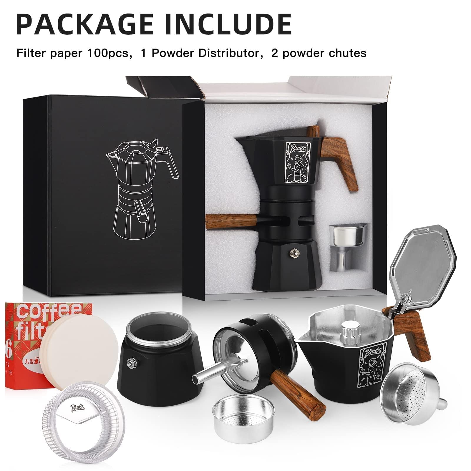 Bincoo 120ML/2 Cup Stovetop Espresso Maker Double Valve Moka Pot with Thermostat Extractor,Italian Espresso Moka Pot with Powder Dispenser and Filter Paper for Home(Black)