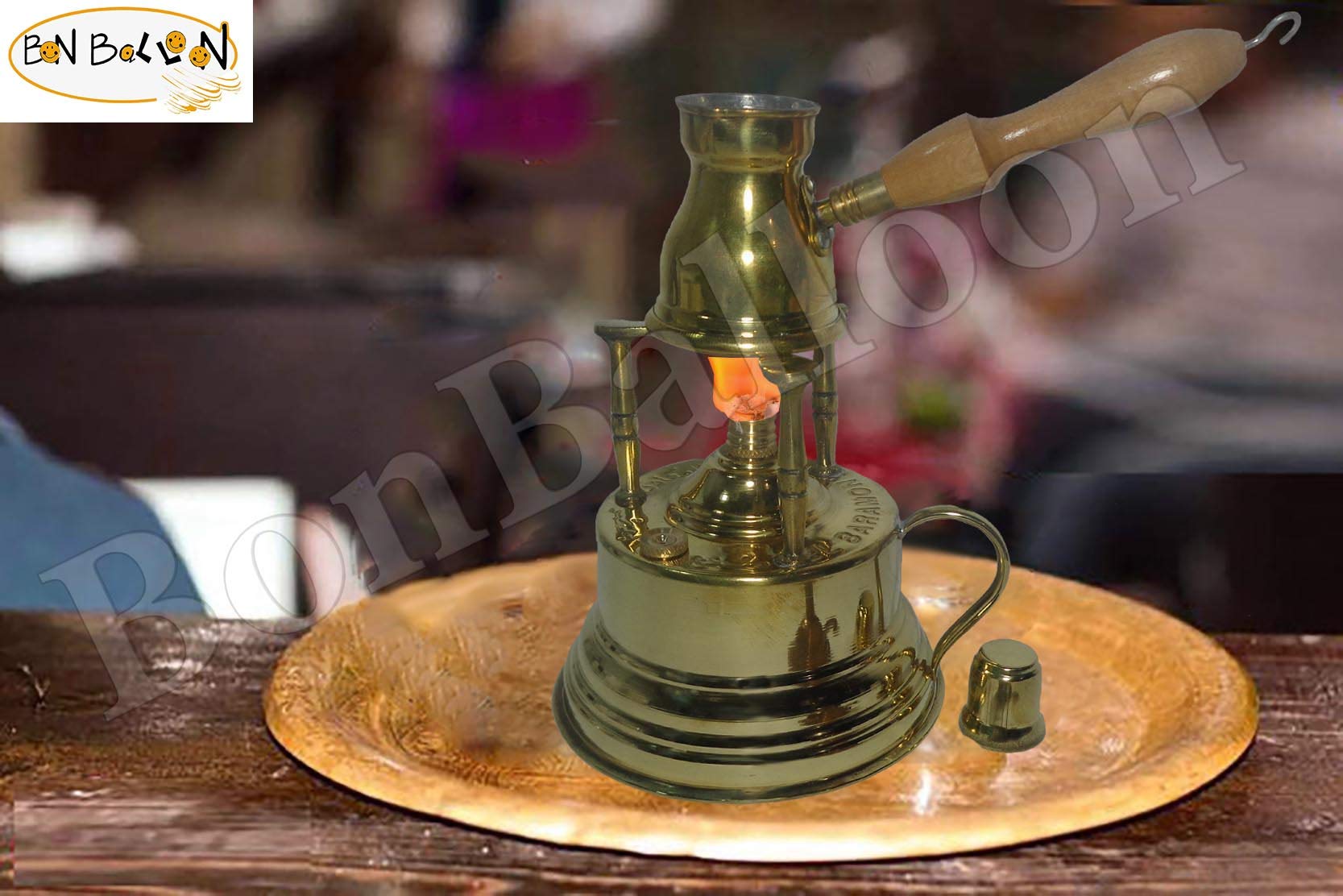 Al Bramony Brass Greek Turkish Coffee Maker Burner Table Top Tabletop With Brass Handle Arabian Solid Large Size Hand Hammered Handmade Egyptian Decanter+ Pot Ibrik Size N02 (Capacity 2 Cup)