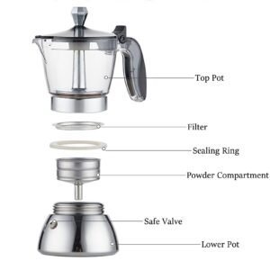 Sutinna Moka Pot, 6 Cup Coffee Making Pot for Home, Stovetop Maker for Great Flavored Strong, Clear ABS Top, default