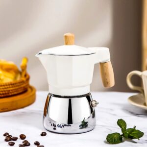 ADBZEN Moka Pot Stovetop Espresso Coffee Maker 3 Cups Stainless Steel Moka Pot Natural Wood Handle (White)