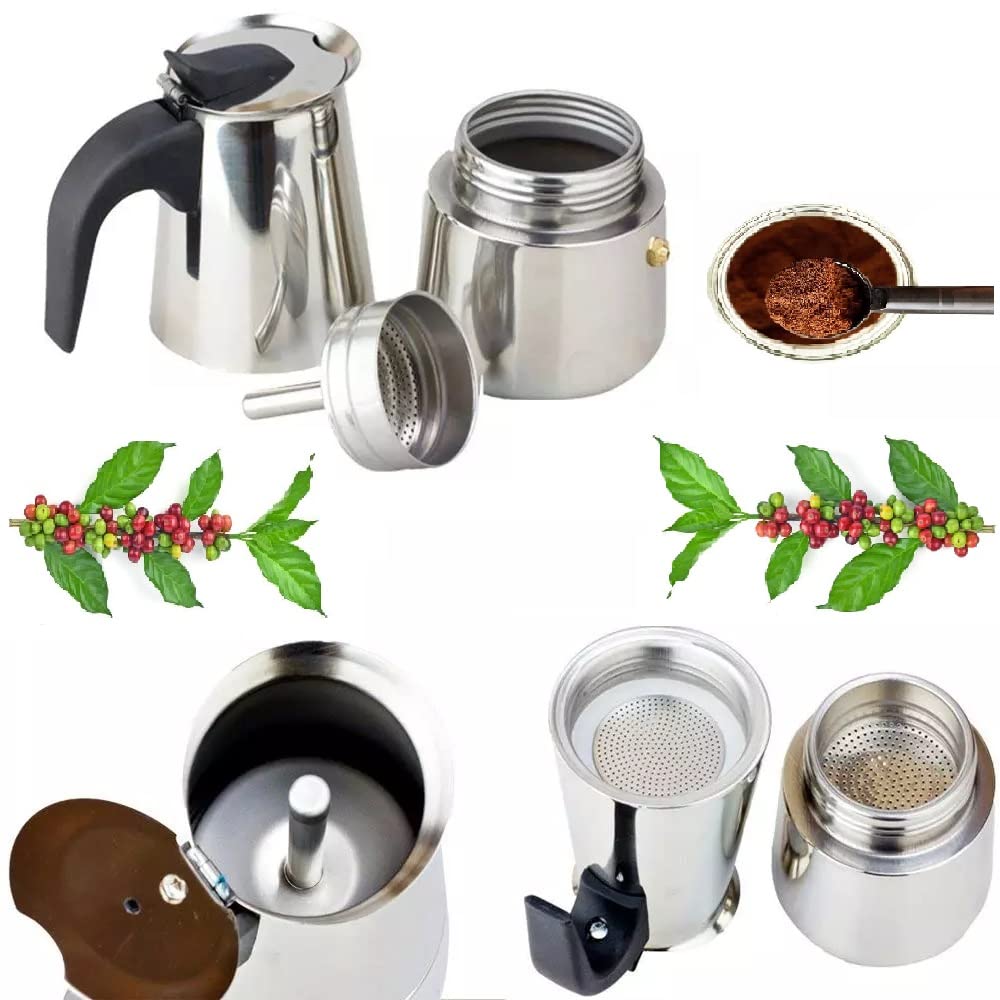 Iguazú 4 Cups Espresso Coffee Maker, Greca, Stainless Steel 304 (200 ml) Moka Coffee Pot With 2 Extra Replacement Gasket