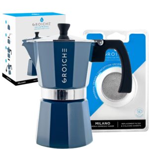 grosche milano stovetop espresso maker moka pot 6 espresso cup - 9.3 oz, blue and 3 replacement seals gaskets bundle stove top coffee maker moka italian espresso coffee maker and replacement gaskets