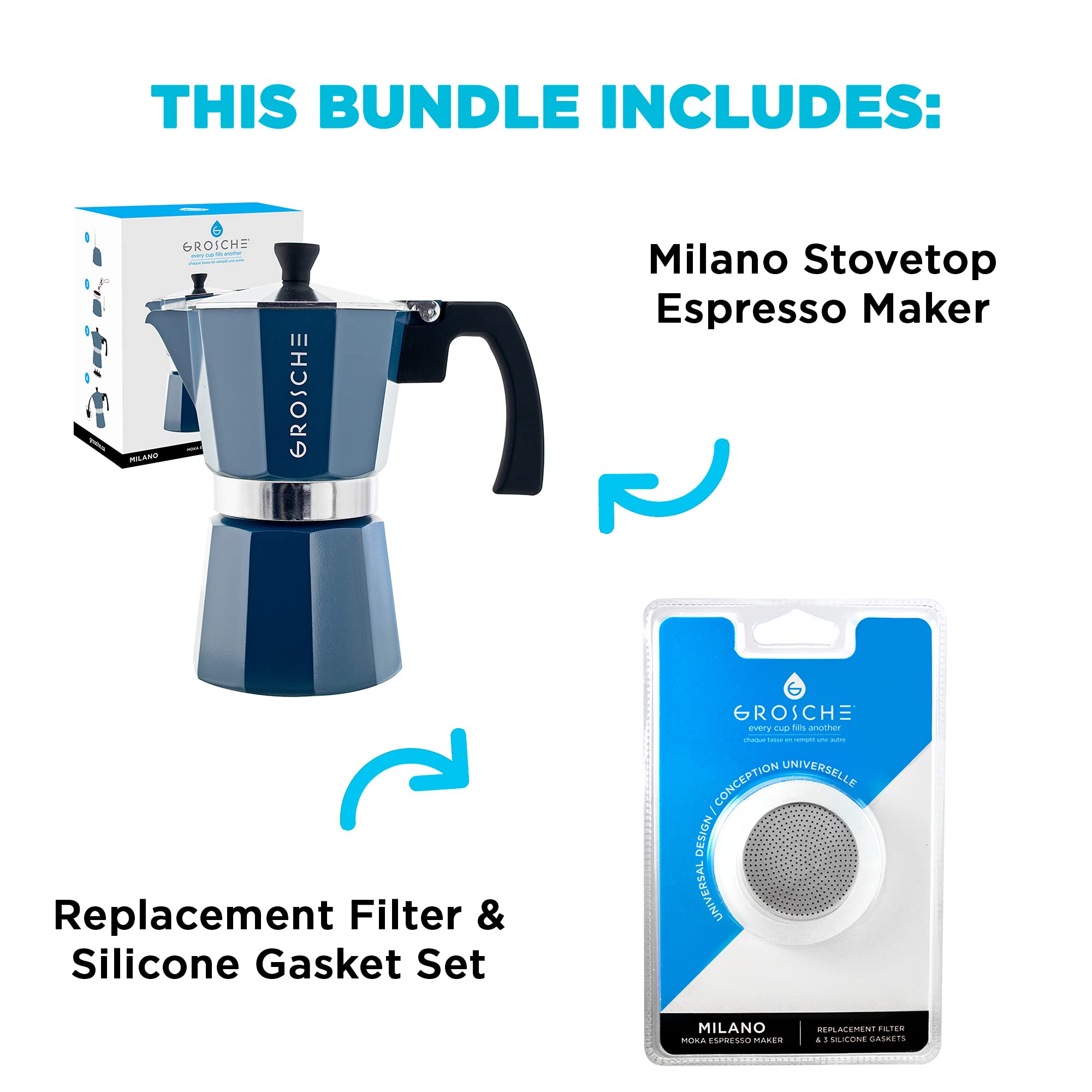 GROSCHE Milano Stovetop Espresso Maker Moka pot 6 espresso Cup - 9.3 oz, Blue and 3 Replacement Seals Gaskets Bundle Stove top coffee maker Moka Italian espresso coffee maker and replacement gaskets