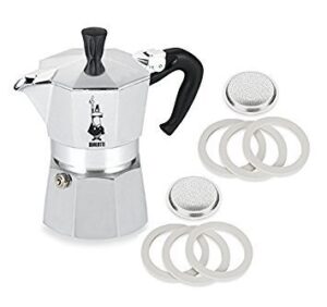 bialetti moka express #06799 3-cup espresso maker machine and #06960 bialetti, six replacement gaskets and two bialetti replacement filter plates bundle