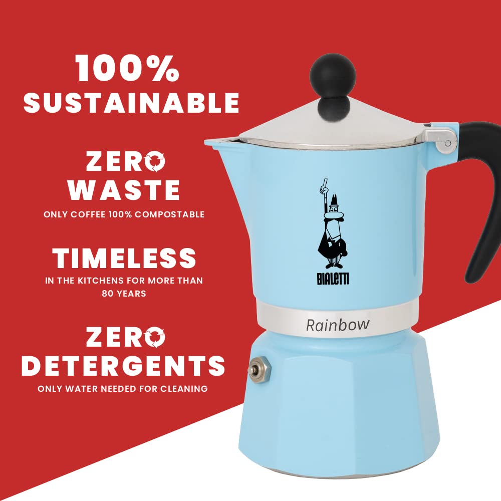 Bialetti - Rainbow: Stovetop Espresso Maker, Moka Pot 6 Cups (8.4 Oz - 250 Ml), Aluminium, Light blue