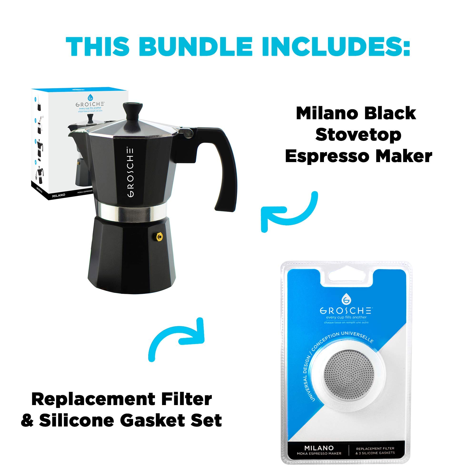 GROSCHE Milano Stovetop Espresso Maker Moka pot 9 espresso Cup - 15.2 oz, Black and 3 Replacement Seals Gaskets Bundle Stove top coffee maker Moka Italian espresso coffee maker and replacement gaskets