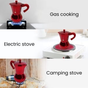 Kodash Cabana 6 cup stovetop expresso maker for home-Red Italian coffee maker-small Moka pot brewer-camping greca brewer