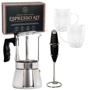 ranza home moka pot stovetop espresso maker set, with 9 cup coffee percolator pot, 2x glass coffee mugs (12oz) and milk frother for coffee. stove top cafetera greca, cuban or italian coffee maker