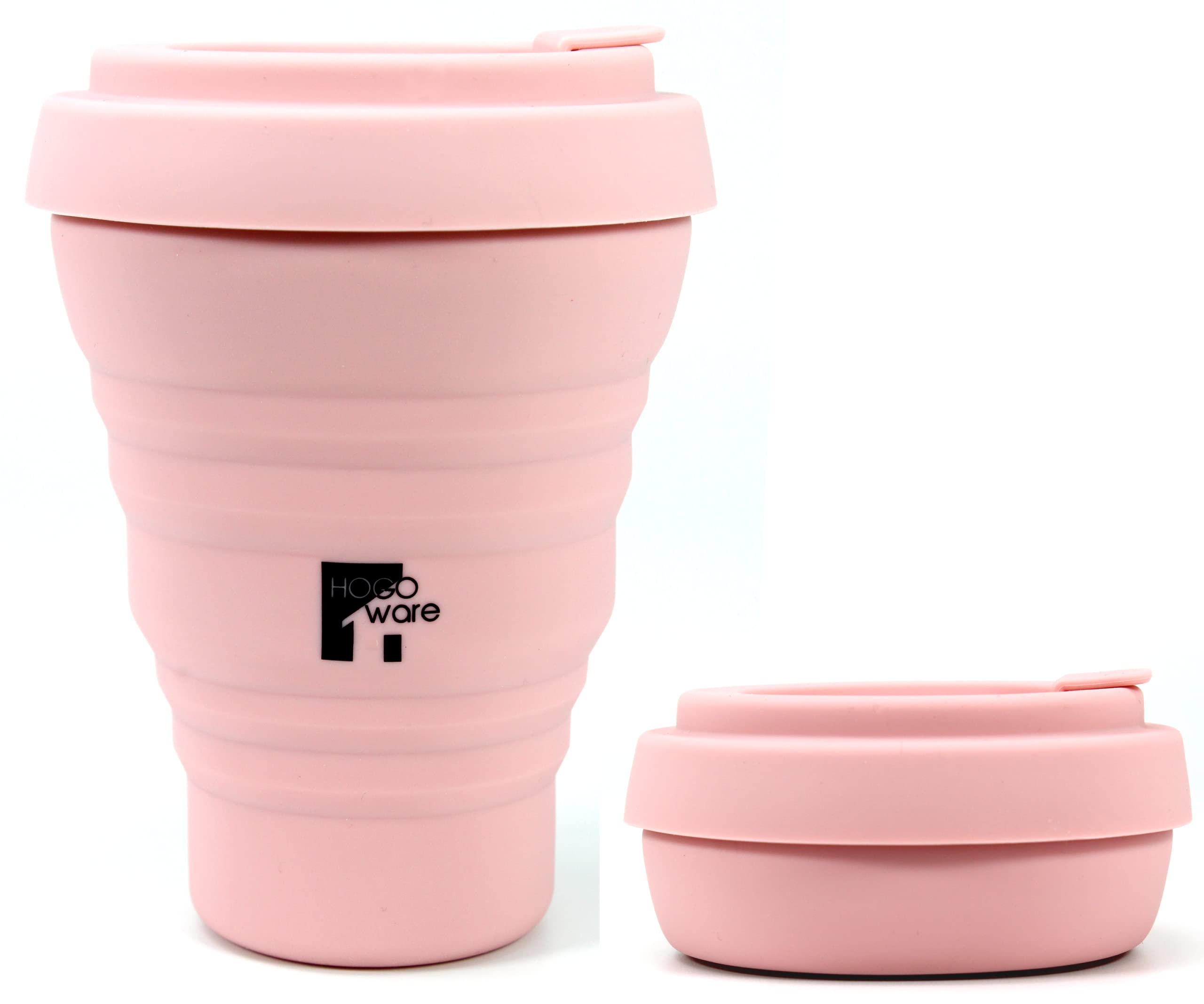 HOGOWARE travel coffee mug collapsible cup insulated tumbler smoothie with lid silicone reusable to go foldable silicon folding hot cold tea water - Medium (Light Pink)