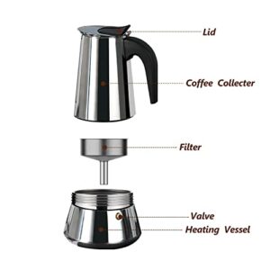 Moka Pot Stainless Steel, 6 Cup Stovetop Espresso Maker, Classic Italian Style Espresso Pot, Easy to Operate & Quick Cleanup, Food Grade Stainless Steel, Silver