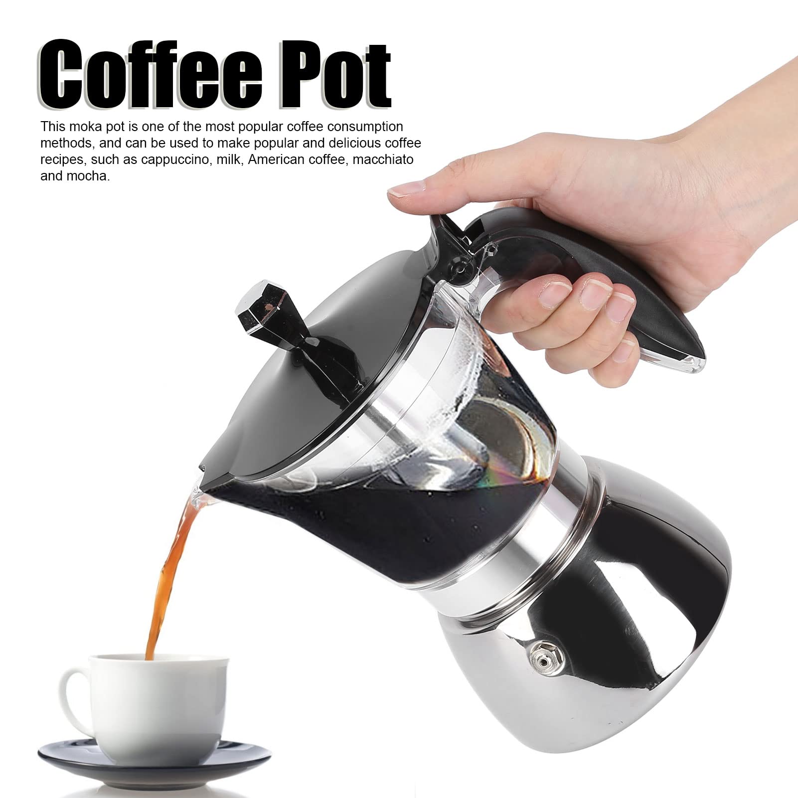 6 Cups Stainless Steel Coffee Pot, Italian Octagonal Household Brewing Coffee Moka Pot, Stovetop Espresso Maker Moka Pot, Ergonomic Handle Design, Home Office Use Friends