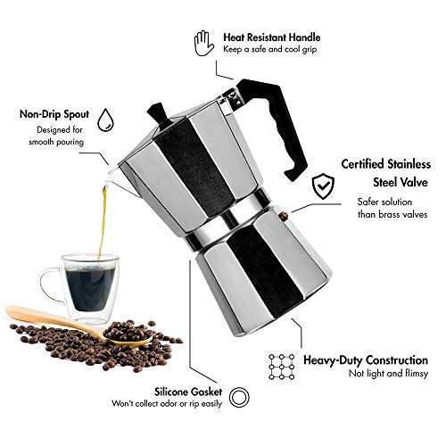 L7HWDP Stovetop Espresso Maker 3 Cup Moka Pot, Full Body Espresso,Classic Italian Style Espresso Cup,Easy to Operate & Quick Cleanup Pot