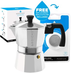 grosche milano stovetop espresso maker moka pot 3 espresso cup - 5 oz, silver and 3 replacement seals gaskets bundle stove top coffee maker moka italian espresso coffee maker and replacement gaskets