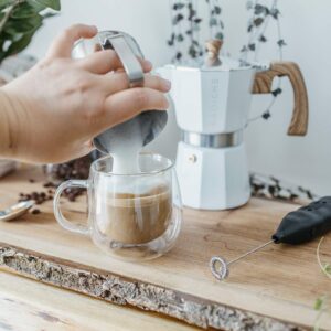 GROSCHE Milano Stove top espresso maker (6 espresso cup size 9.3 oz) White Moka pot, and battery operated milk frother bundle for lattes