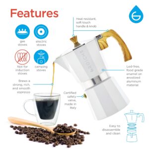 GROSCHE Milano Stove top espresso maker (6 espresso cup size 9.3 oz) White Moka pot, and battery operated milk frother bundle for lattes