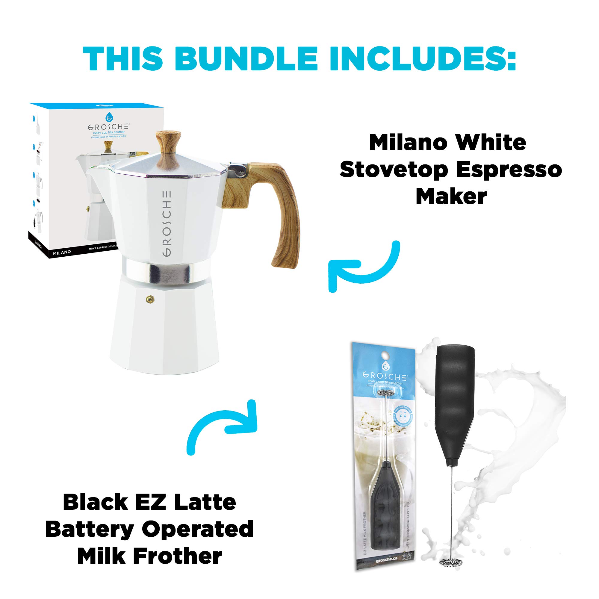 GROSCHE Milano Stove top espresso maker (6 espresso cup size 9.3 oz) White Moka pot, and battery operated milk frother bundle for lattes