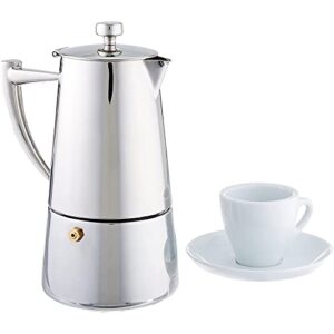 cuisinox stainless steel 6-cup moka pot espresso coffee maker and 6 roma espresso cups, 7-piece set