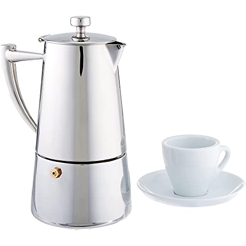 CUISINOX Stainless Steel 6-Cup Moka Pot Espresso Coffee Maker and 6 Roma Espresso Cups, 7-Piece Set