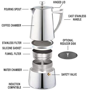 CUISINOX Stainless Steel 6-Cup Moka Pot Espresso Coffee Maker and 6 Roma Espresso Cups, 7-Piece Set