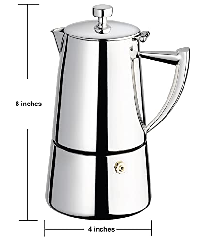 CUISINOX Stainless Steel 6-Cup Moka Pot Espresso Coffee Maker and 6 Roma Espresso Cups, 7-Piece Set