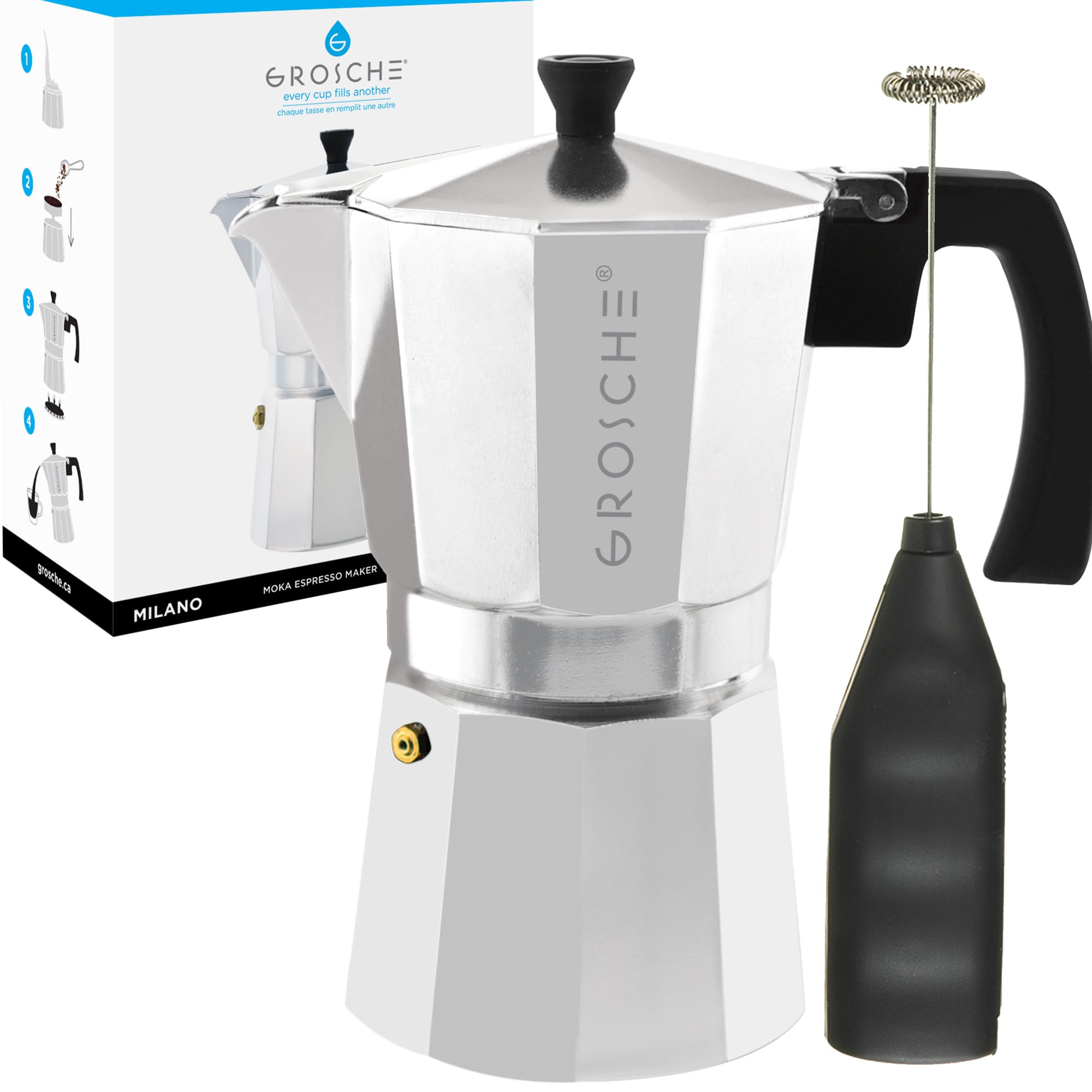 GROSCHE Milano Stovetop espresso maker (9 espresso cup size 15.2 oz) Silver, and battery operated milk frother bundle for Moka lattes