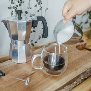 GROSCHE Milano Stovetop espresso maker (9 espresso cup size 15.2 oz) Silver, and battery operated milk frother bundle for Moka lattes