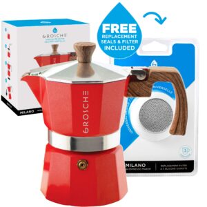 grosche milano stovetop espresso maker moka pot 3 espresso cup - 5 oz, red and 3 replacement seals gaskets bundle stove top coffee maker moka italian espresso coffee maker and replacement gaskets