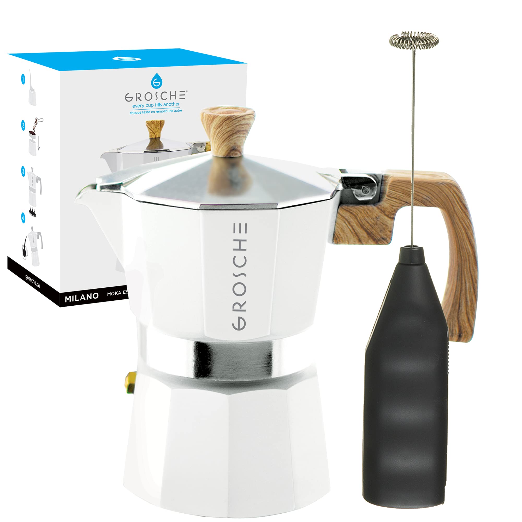 GROSCHE Milano Stove top espresso maker (3 espresso cup size 5 oz) White, and battery operated milk frother bundle for lattes