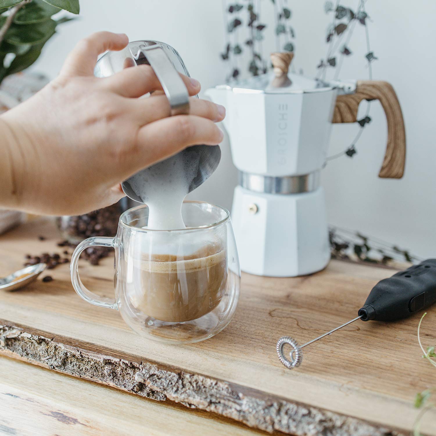 GROSCHE Milano Stove top espresso maker (3 espresso cup size 5 oz) White, and battery operated milk frother bundle for lattes