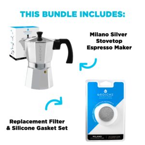 GROSCHE Milano Stovetop Espresso Maker Moka pot 9 espresso Cup - 15.2 oz Silver and 3 Replacement Seals Gaskets Bundle Stove top coffee maker Moka Italian espresso coffee maker and replacement gaskets