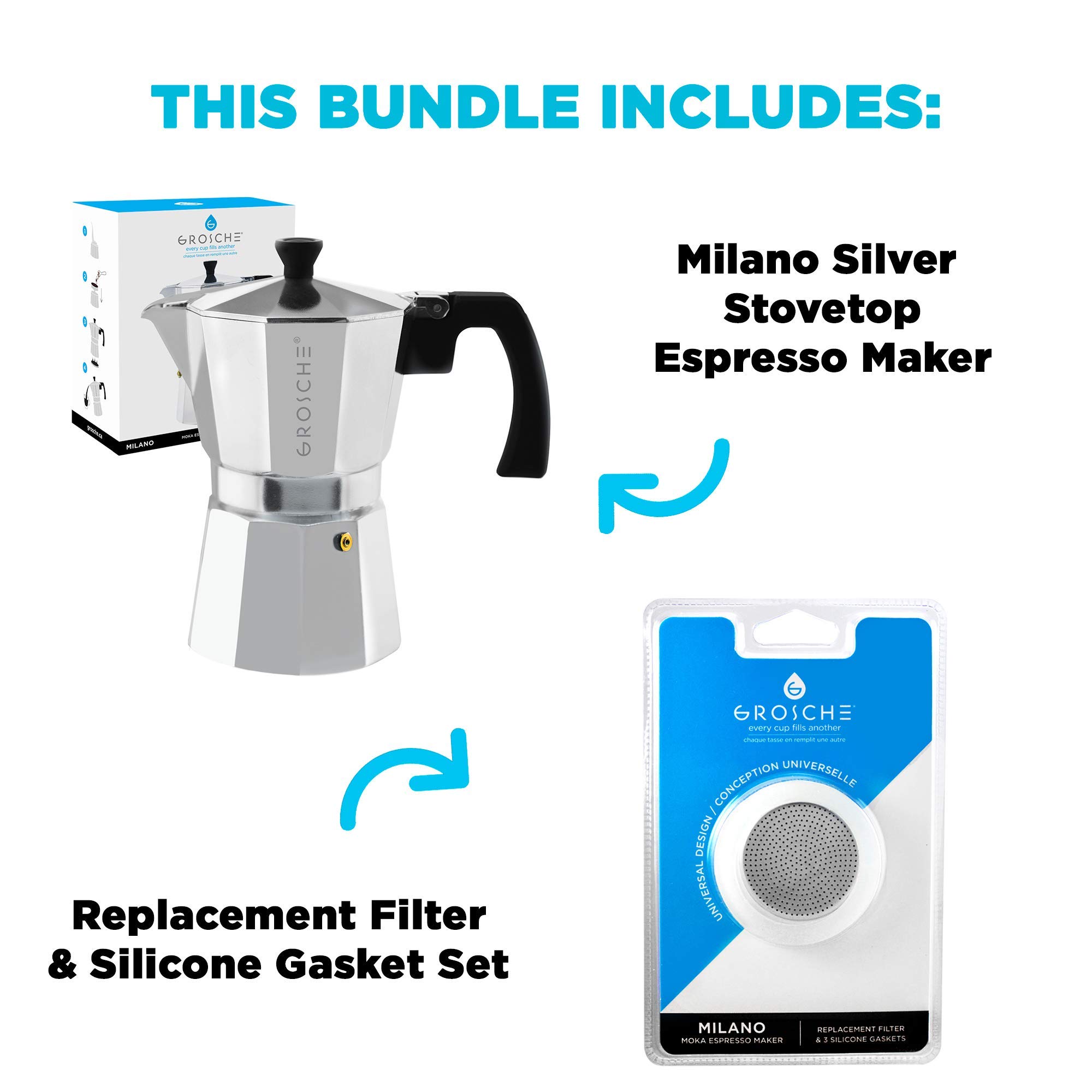 GROSCHE Milano Stovetop Espresso Maker Moka pot 9 espresso Cup - 15.2 oz Silver and 3 Replacement Seals Gaskets Bundle Stove top coffee maker Moka Italian espresso coffee maker and replacement gaskets