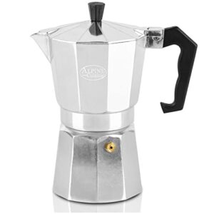 alpine cuisine stovetop espresso maker 12.5 oz, 9 espresso cups moka pot for classic italian and cuban coffee maker, aluminum moka pot, makes delicious coffee, excellent camping coffee pot