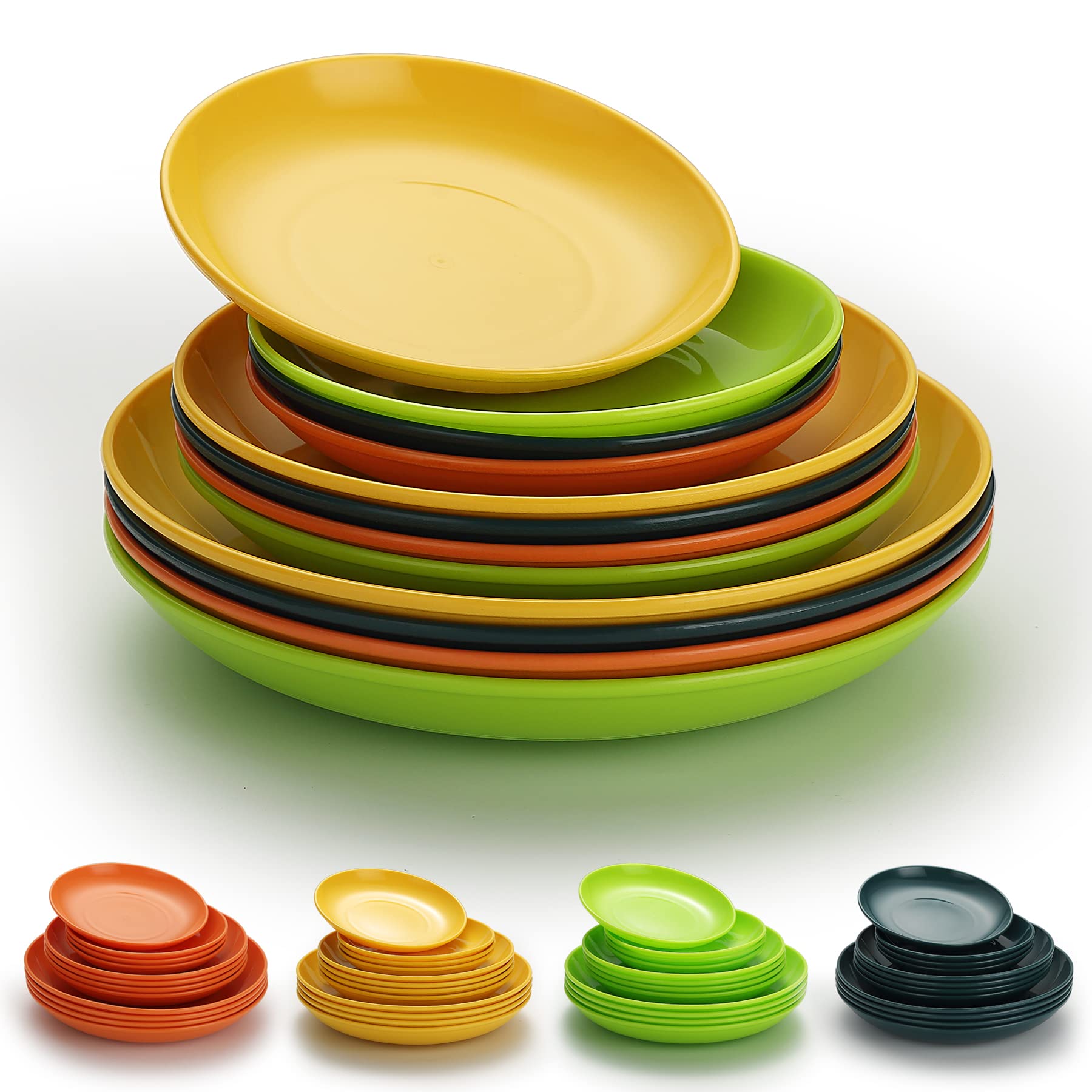 Evanda Plastic Plates Set of 12 Pieces, Dinner Plates 3 Size 6.25/7.75/9.25 inch Unbreakable Reusable Dishes for All Purpose and All Age, Microwave Safe BPA Free Dishwasher Safe