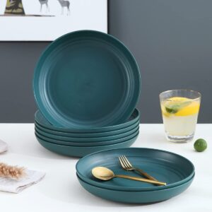 Kyraton 9 Inch Large Deep Plastic Plates 8 Pieces, Unbreakable And Reusable Light Weight Dinner Plates Pasta and Dumpling Bowl Microwave Safe BPA Free Dishwasher Safe (Dark Green)