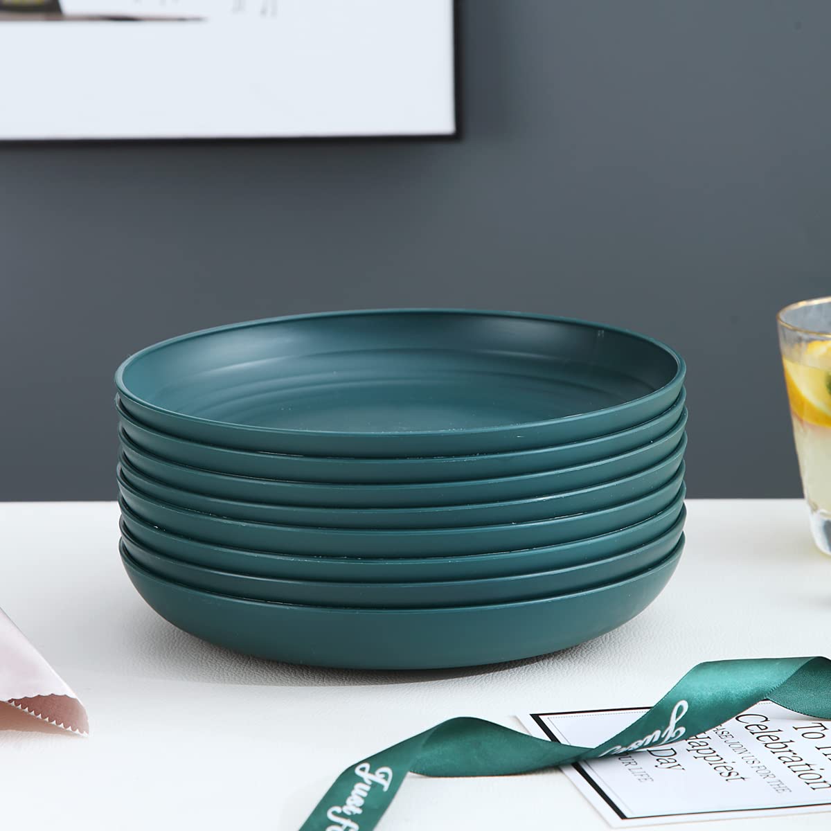 Kyraton 9 Inch Large Deep Plastic Plates 8 Pieces, Unbreakable And Reusable Light Weight Dinner Plates Pasta and Dumpling Bowl Microwave Safe BPA Free Dishwasher Safe (Dark Green)