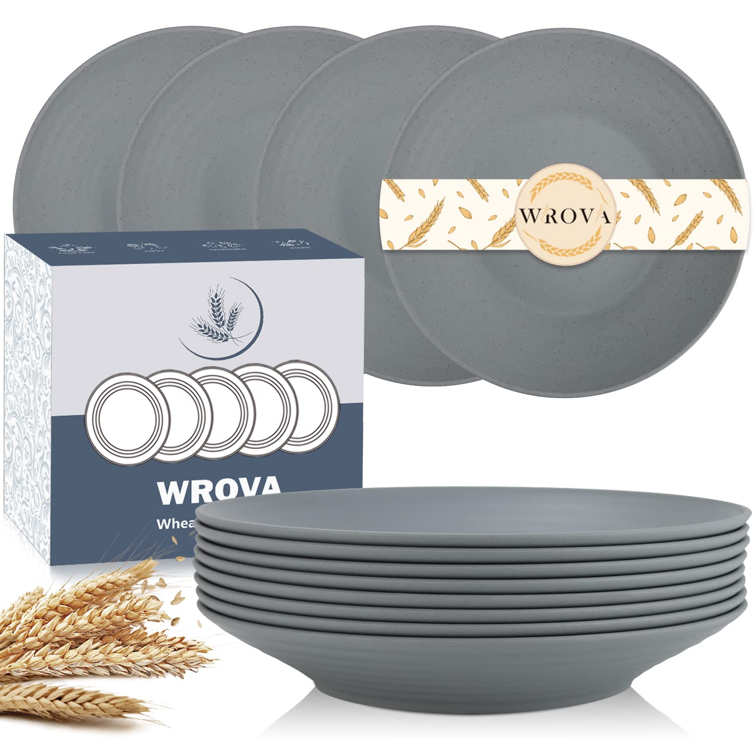 Wheat Straw Pasta Bowl - Unbreakable Pasta Bowl Set of 8-9 Inch Large Deep Alternative for Plastic Reusable Plate - Dishwasher & Microwave Safe Bowl/Plates (Black and Grey)