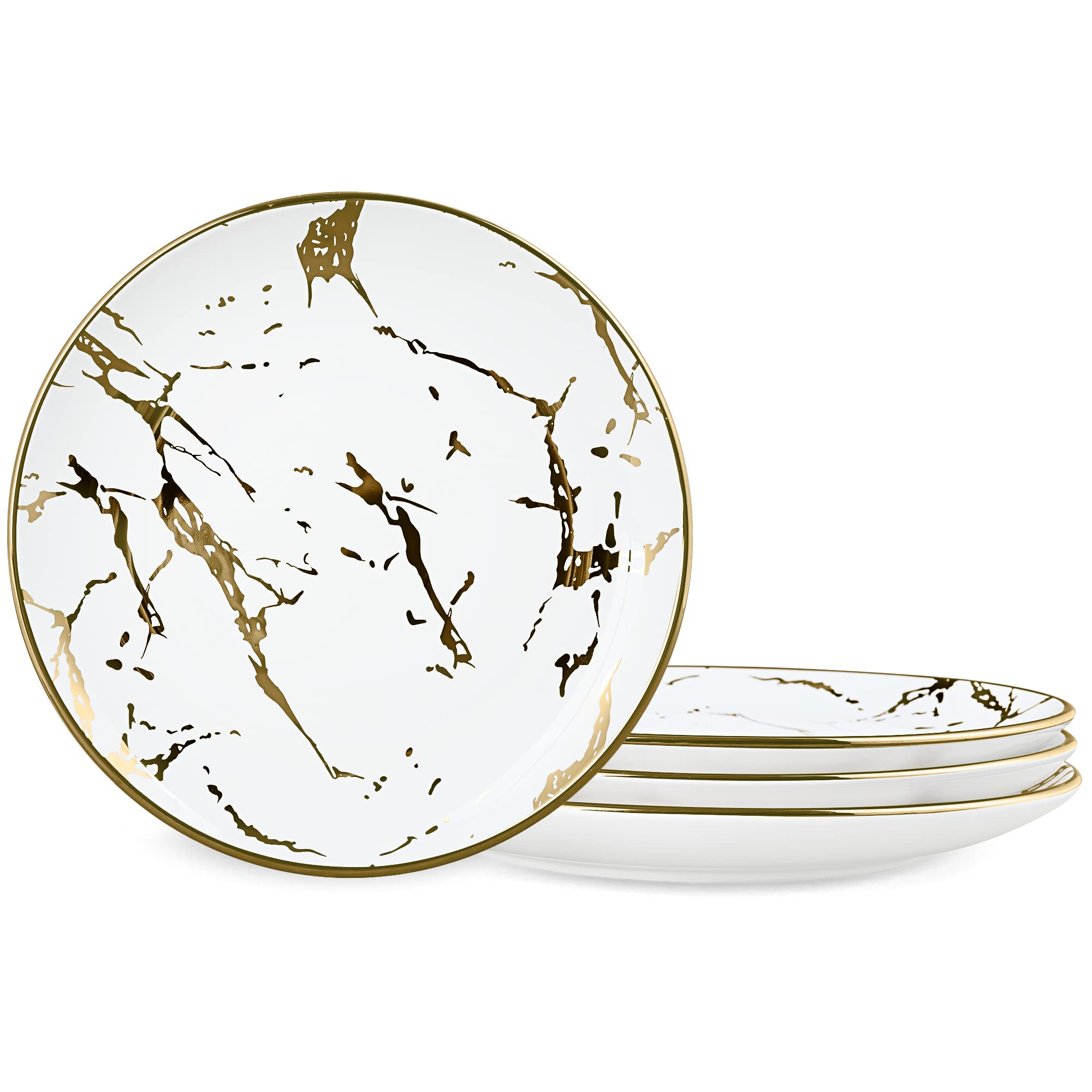 fanquare 10" Gold Marble Dinner Plate, Modern Ceramic Dishes Set for 4, Large Porcelain Plates Set, Round Kitchen Serving Plates, Dishwasher Safe