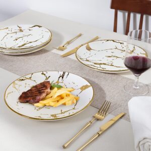 fanquare 10" Gold Marble Dinner Plate, Modern Ceramic Dishes Set for 4, Large Porcelain Plates Set, Round Kitchen Serving Plates, Dishwasher Safe