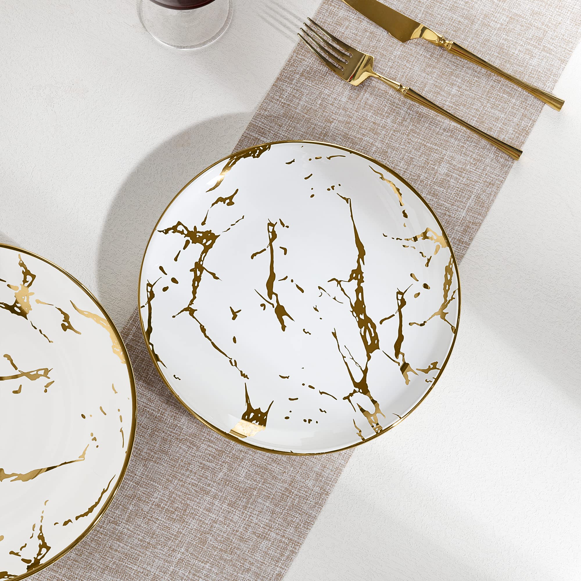 fanquare 10" Gold Marble Dinner Plate, Modern Ceramic Dishes Set for 4, Large Porcelain Plates Set, Round Kitchen Serving Plates, Dishwasher Safe