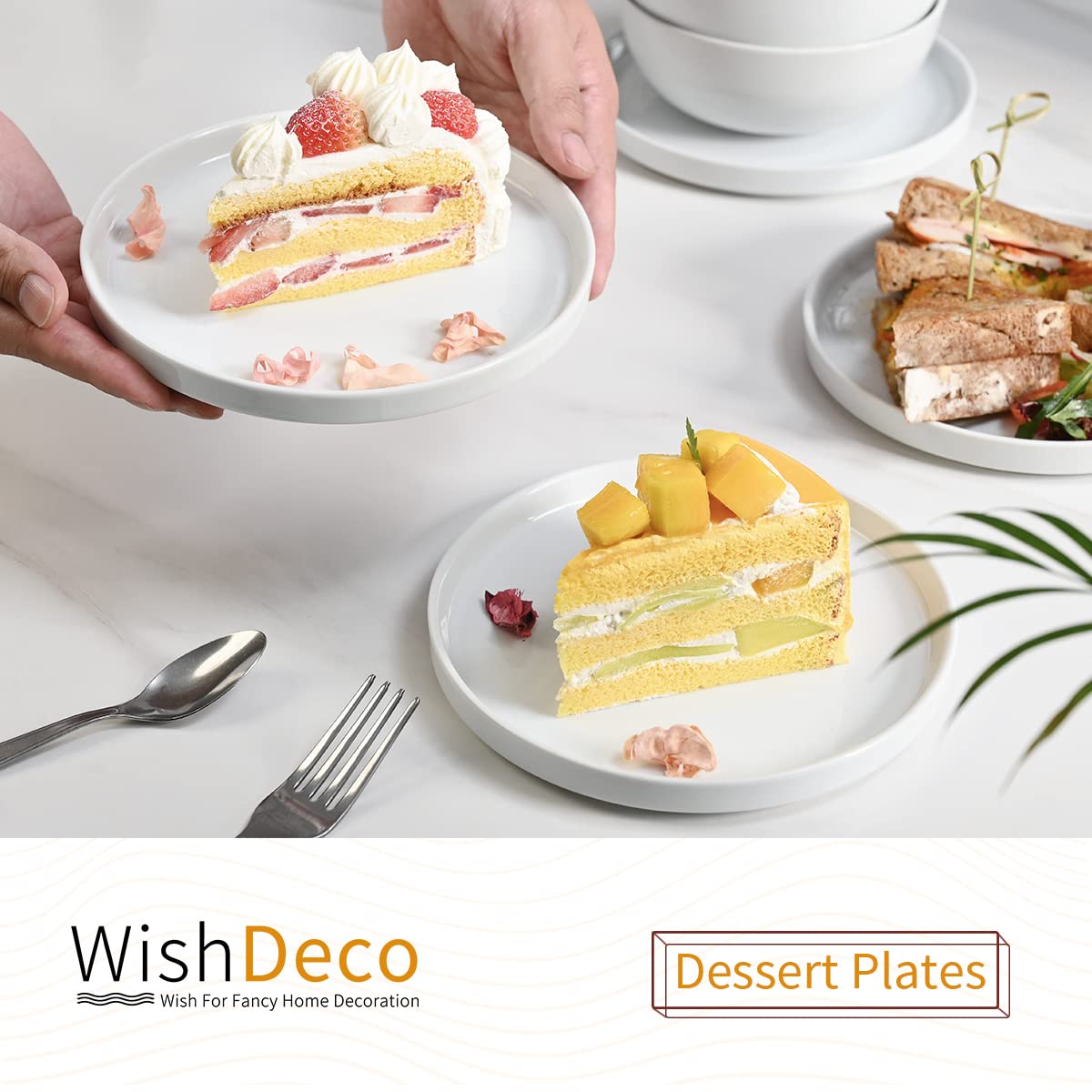 WishDeco Ceramic Appetizer Plates Set of 6, Small Dessert Dishes Set, 7 Inch White Round Plates, Porcelain Dinner Plates for Salad, Pasta, Cake, Waffle, Microwave & Dishwasher Safe