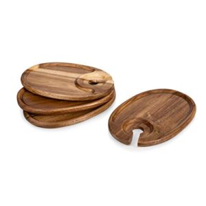 picnic time toscana -wine appetizer plates, cocktail plate with glass holder, cheese board with wine holder, (acacia wood), 9 x 6, set of 4