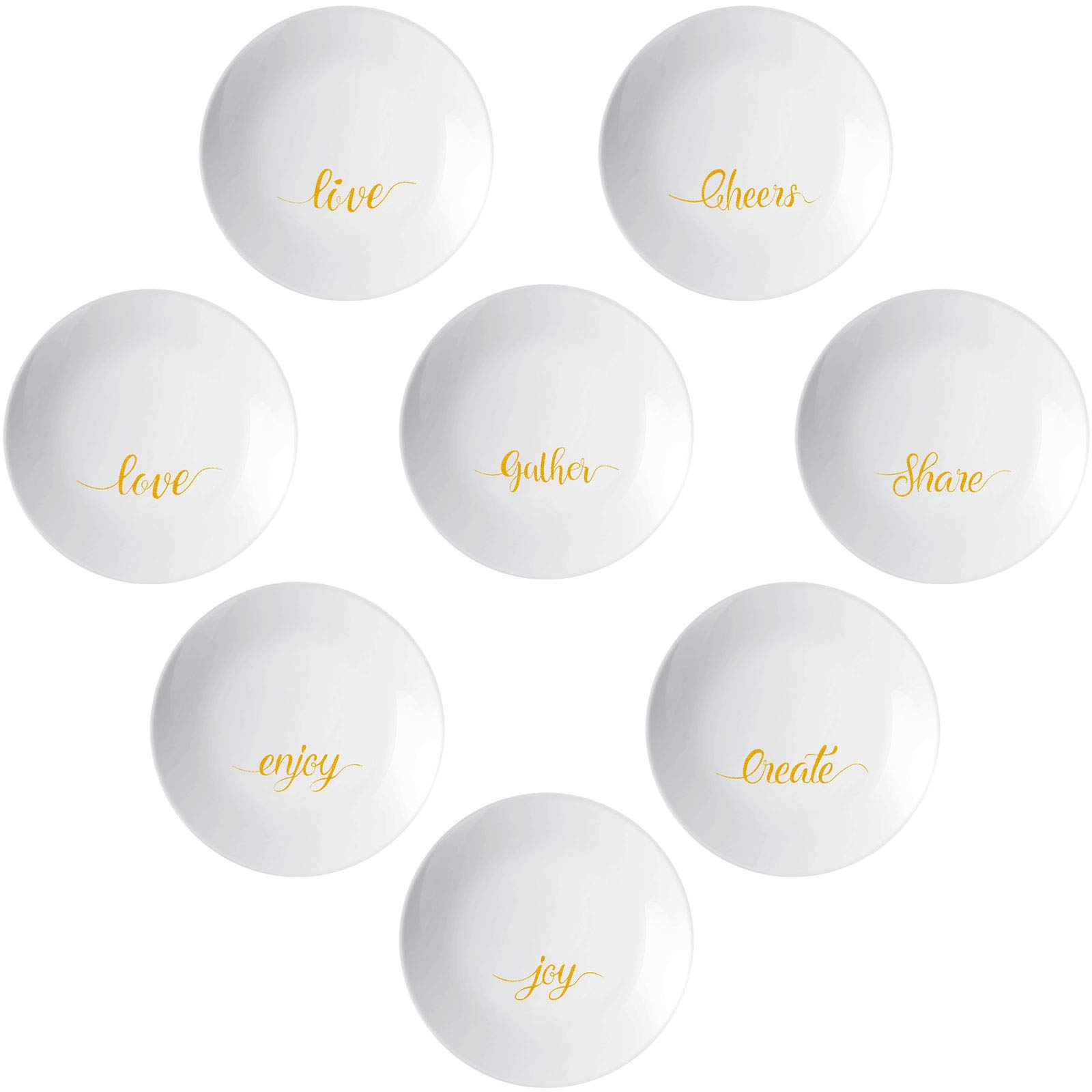 Patelai 8 Pcs 6'' Appetizer Plates Salad Plates Chip Resistant Snack Plates White Dessert Plates with Gold Celebration Words Multi Purpose Serving Plates