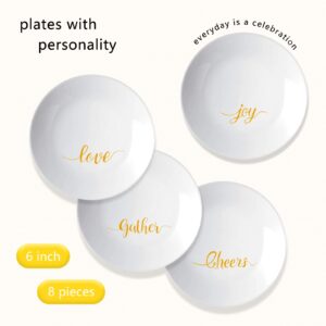 Patelai 8 Pcs 6'' Appetizer Plates Salad Plates Chip Resistant Snack Plates White Dessert Plates with Gold Celebration Words Multi Purpose Serving Plates