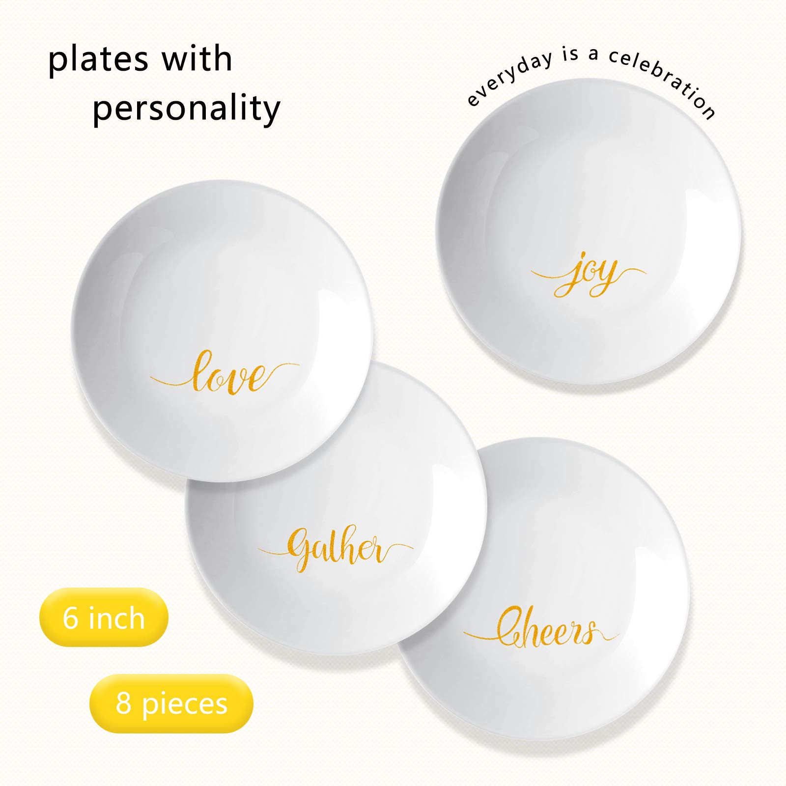 Patelai 8 Pcs 6'' Appetizer Plates Salad Plates Chip Resistant Snack Plates White Dessert Plates with Gold Celebration Words Multi Purpose Serving Plates