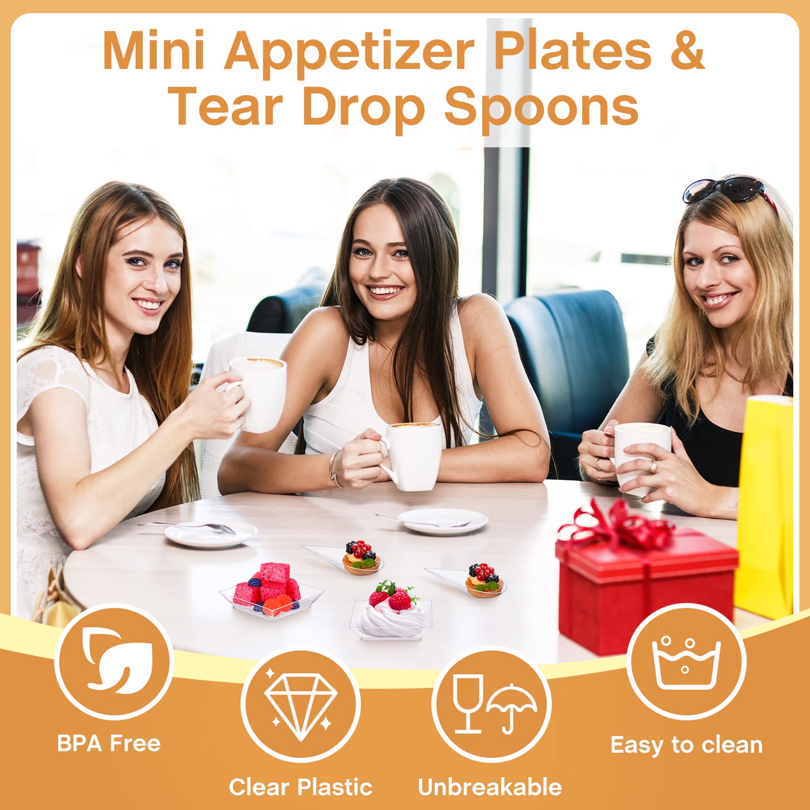 Rozer Mini Appetizer Plates and Tear Drop Spoons for Weddings Party 2.5 x 2.5 Inches 4 x 2 x 0.5 Inches Plastic Mini Dessert Plates Disposable Appetizer Spoons (300 Pieces)