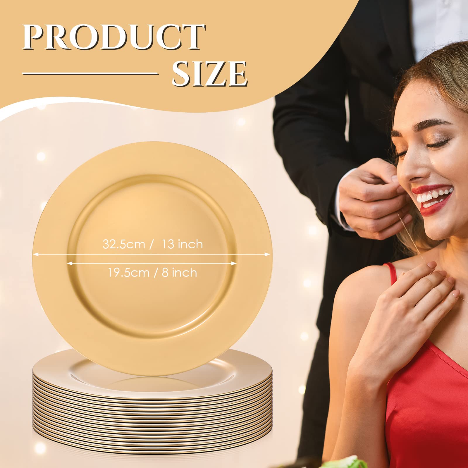 Zopeal 24 Pcs Plastic Charger Plates Round Dinner Chargers 13 Inch Chargers for Dinner Plates Disposable Charger Service Plates for Christmas Halloween Wedding Party Catering Event Decoration (Gold)